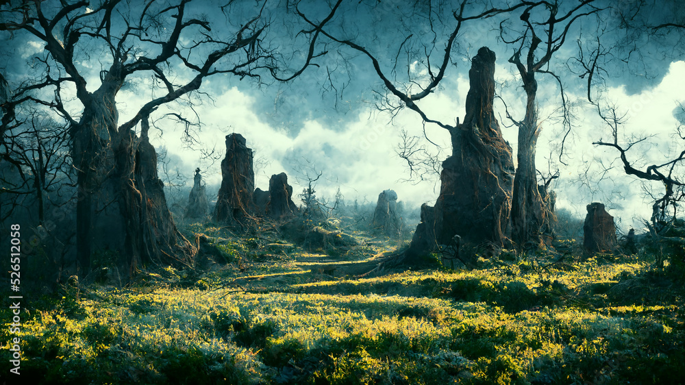 Landscape of haunted forest dark background, fantasy digital ...