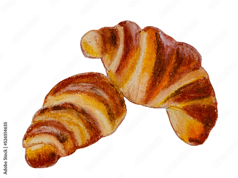 French bread, croissant, hand drawing with oil pastel on transperent ...