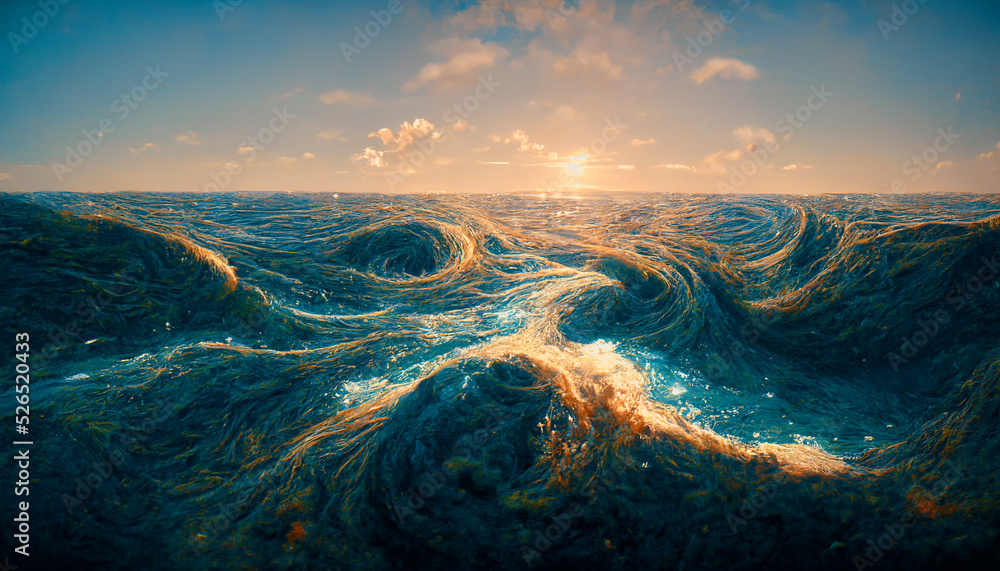 Spectacular abstract scene of an ocean tidal wave with a horizontal and ...