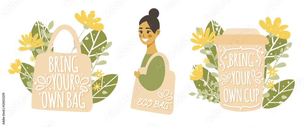 Set of zero waste concept illustrations - Smiling girl with eco ...