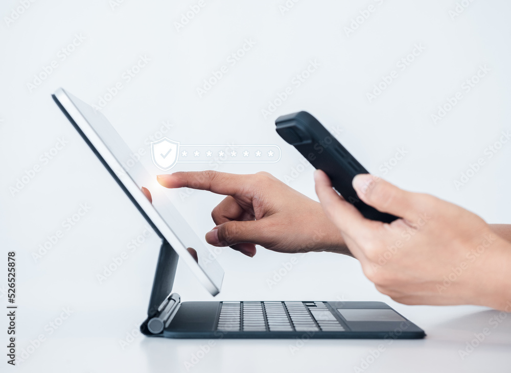 Two steps authentication or 2FA concept. Virtual safety shield icon while access on phone with ...