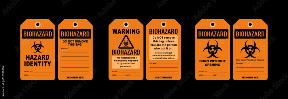 Biohazard tag vector illustrations. front and back templates of three ...