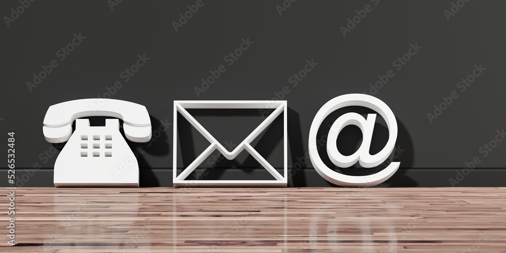 White telephone, envelope letter and e-mail symbols standing on dark ...