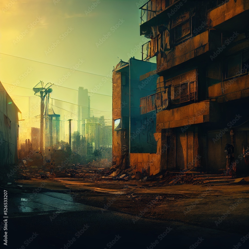 Sunset on a destroyed city. Post apocalyptic view of a city after being ...