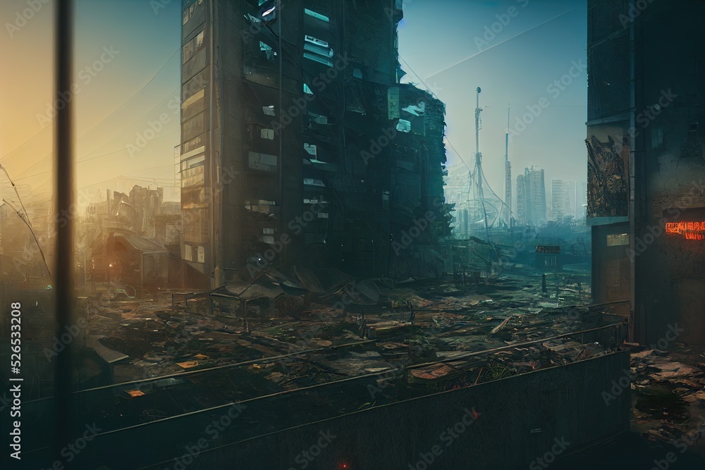 Empty post apocalyptic city landscape. Digital painting of building in ...