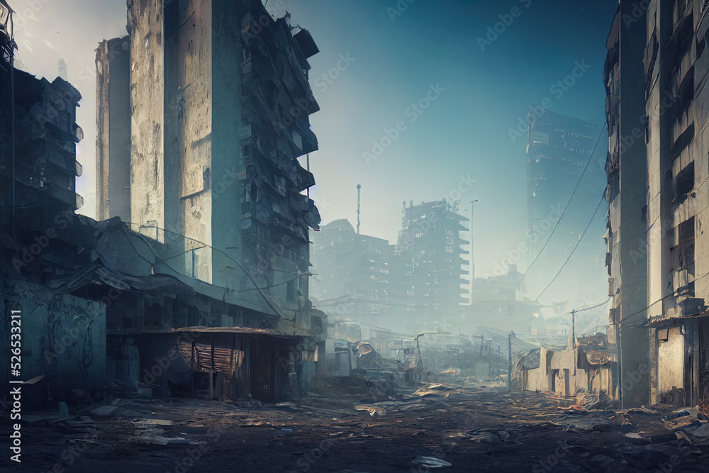 Empty post apocalyptic city landscape. Digital painting of building in ...