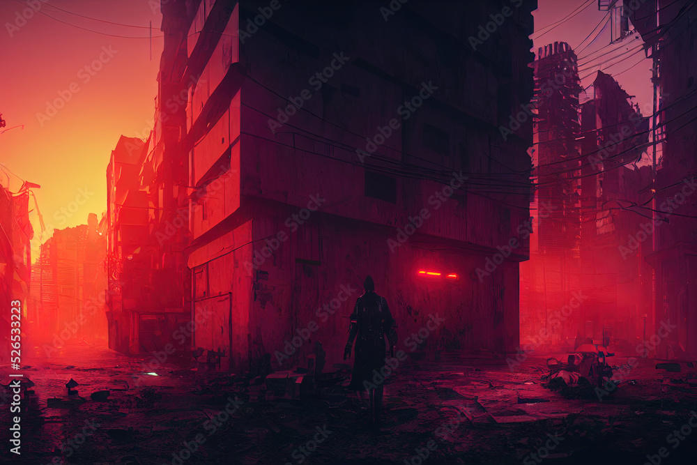 One man walking trough the ruins of a destroyed city. Post war scenery ...