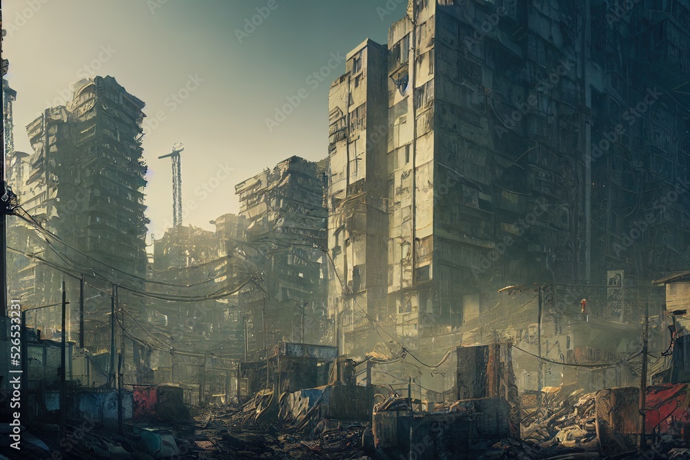 Empty post apocalyptic city landscape. Digital painting of building in ...