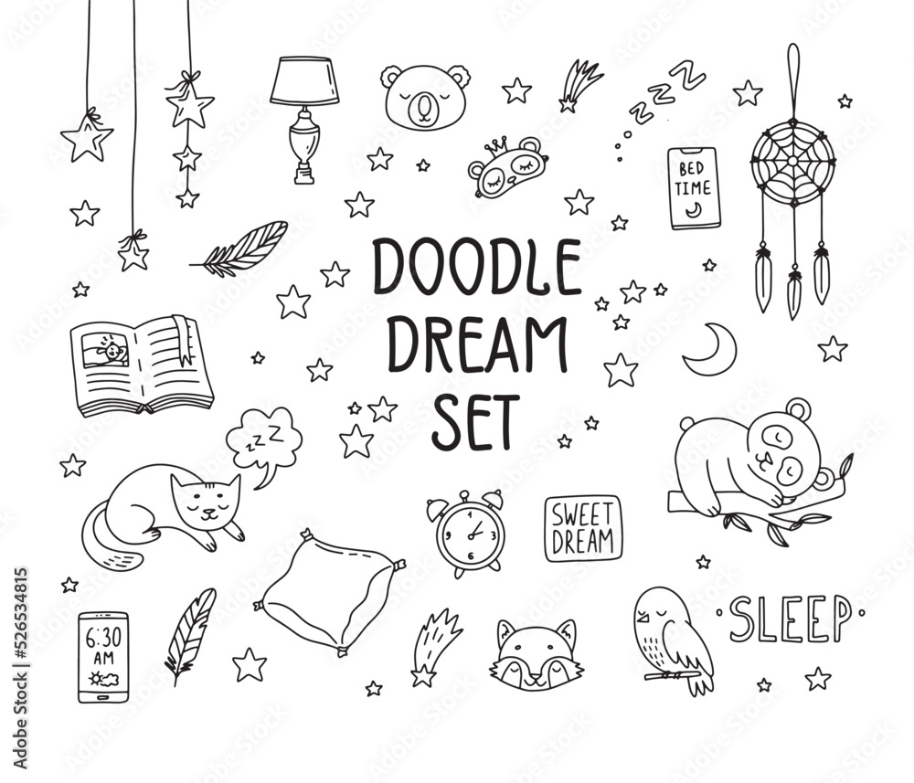 Sleep dream cute outline Doodle icons. Sleeping simple cartoon drawing ...