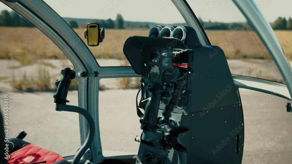 Panorama of the helicopter cockpit and dashboard inside. Stock ビデオ ...