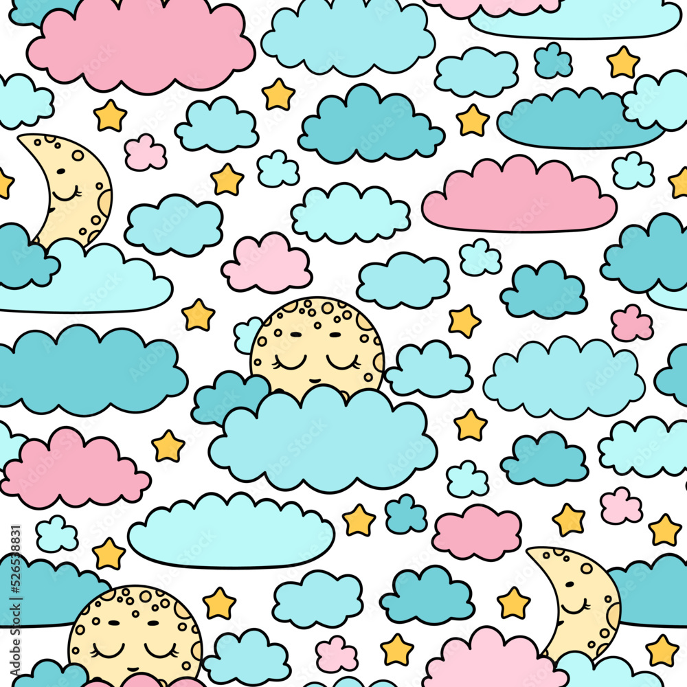 Vecteur Stock Kawaii moon pattern. Full moon, yong moon, stars, clouds print. Cute set of night ...