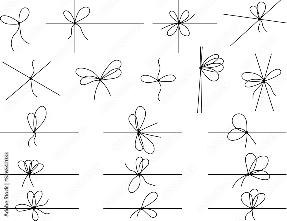 Simple line bows on ribbon. Bow on string set, lines and corners ...