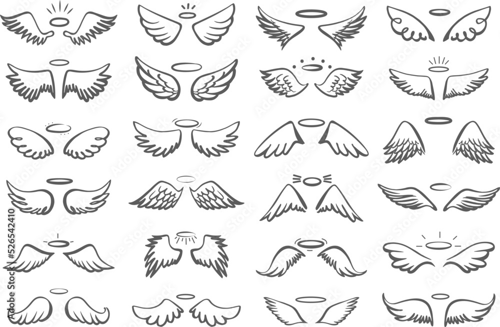 Hand drawn wings with halo. Holy angels symbols, sketch drawing ...