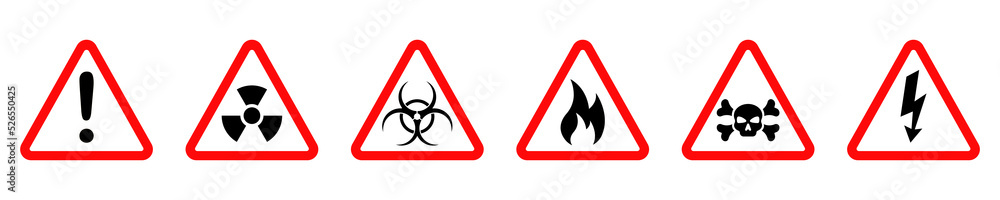 Set of red danger vector signs. Hazard icon. Triangular danger signs ...