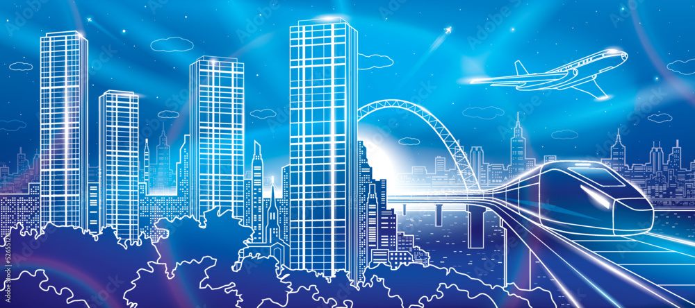 Train move on bridge above sea. Night city. Towers and skyscrapers ...
