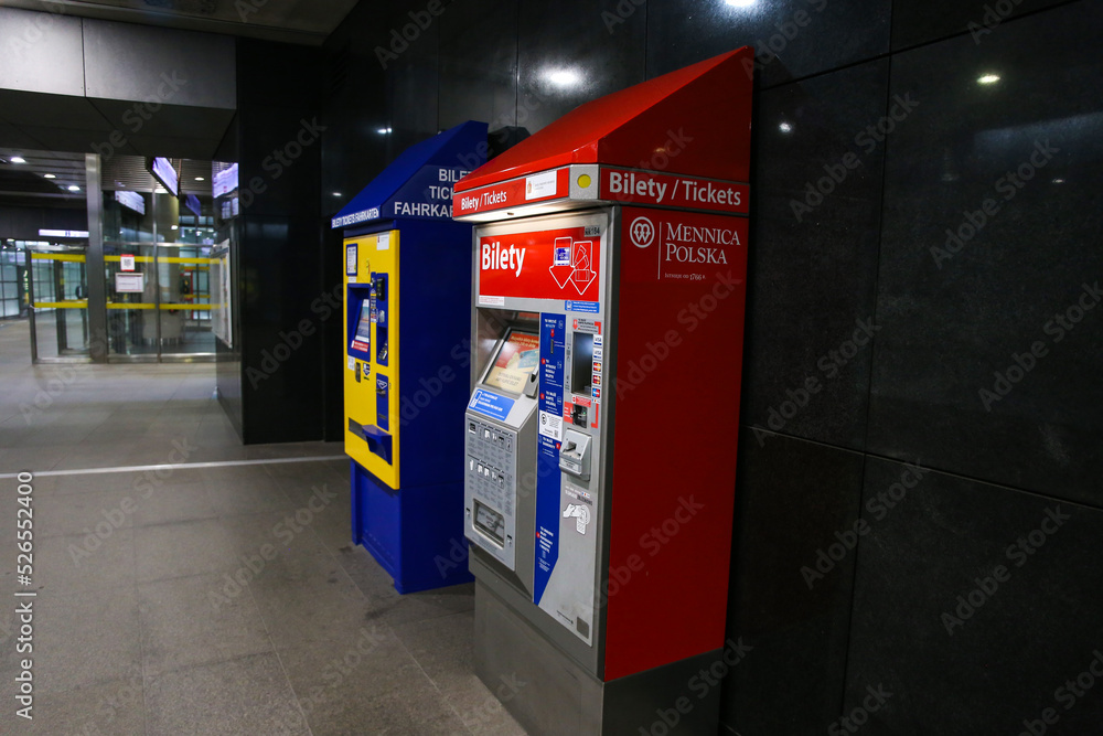 Warszaw, Poland - August, 2022: Ticket machine in the subway passage. A ...