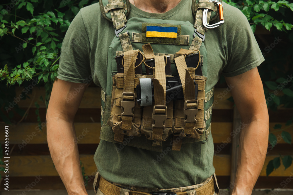 A soldier in a camouflage tactical uniform and a military body armor on ...