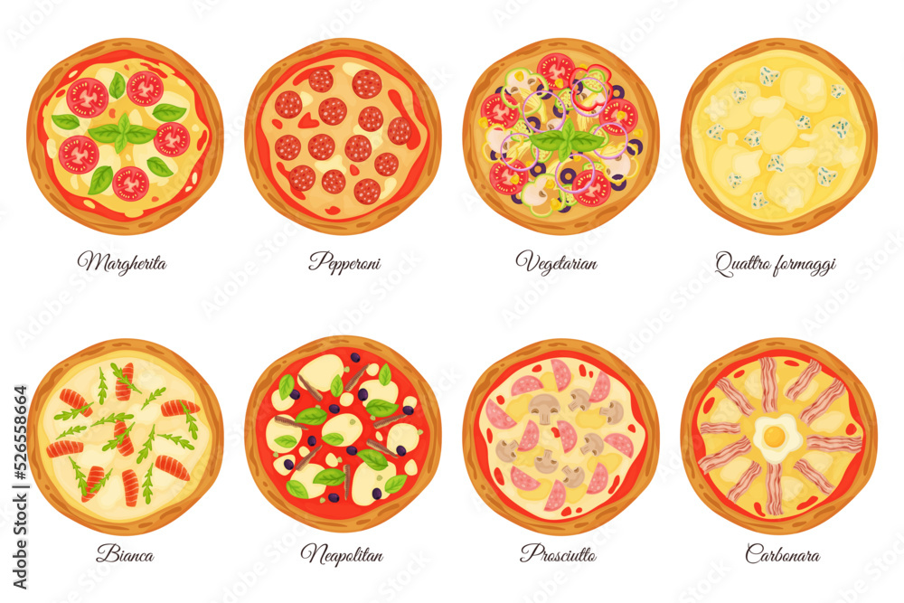 Pizza types set. Different filling types, italian fast food, round ...