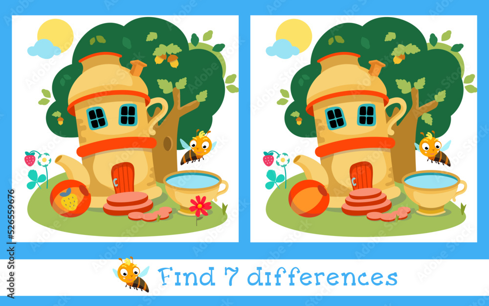 Find 7 differences. Game for children. Fairy tale ceramic teapot house ...