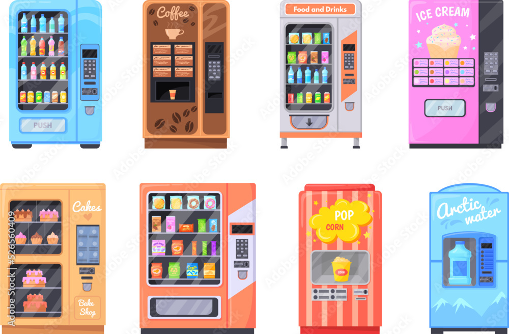 Cartoon vending machines. Automatic snacks machine bubblegum candies ...