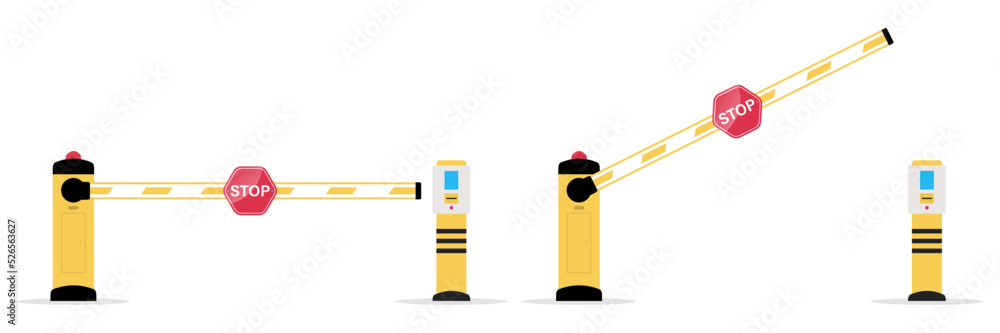 Open and closed car barriers with stop and park signs. Automatic car ...