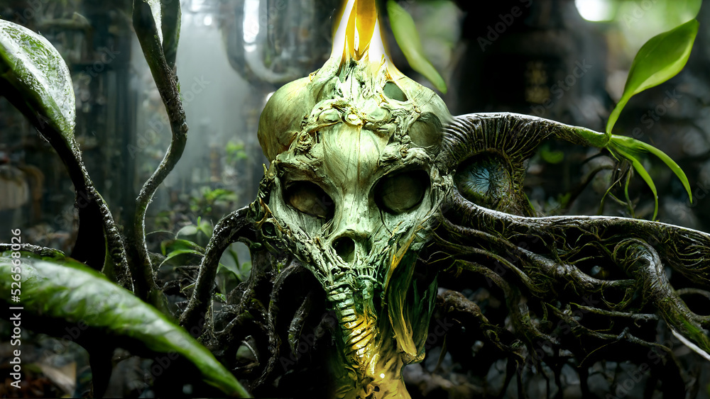 Alien jungle with head. Forest goblin illustration. Mysterious amazon ...