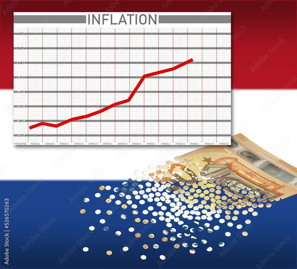 Chart with rising inflation curve. In the background, a banknote that ...