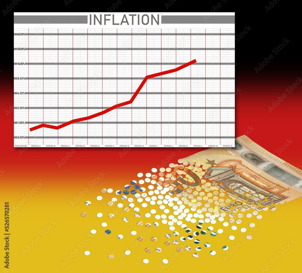 Chart with rising inflation curve. In the background, a banknote that ...