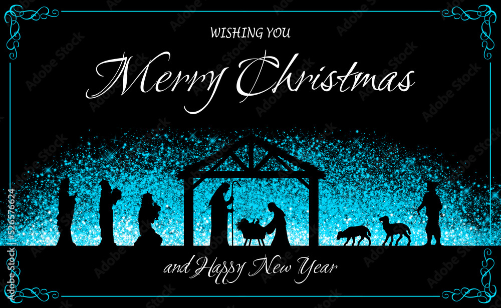 Chritmas Nativity Scene greeting card on blue-black glowing background ...