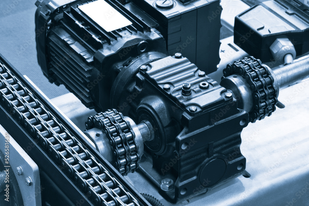 Gear chain drive shaft in conveyor belt is on production line. Timing ...