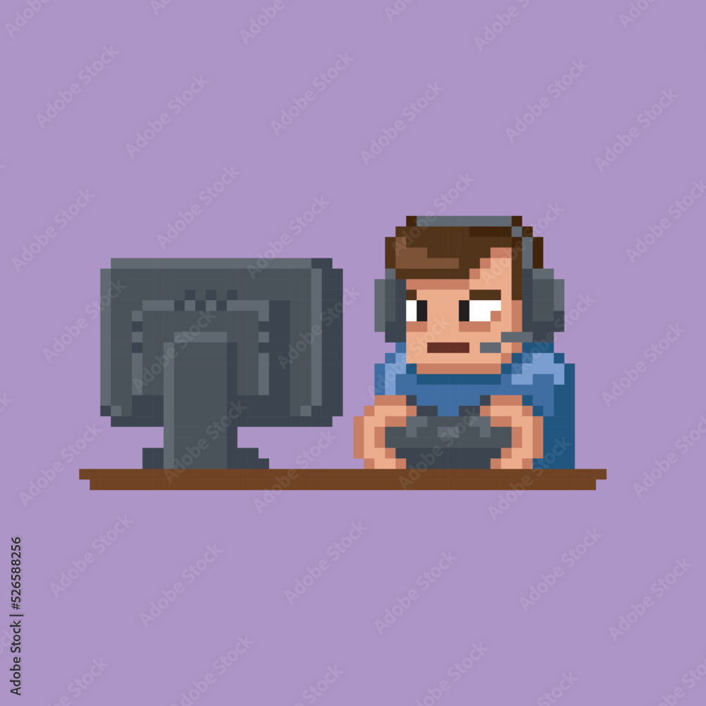 Pixel art streamer male character sitting in front of computer display ...