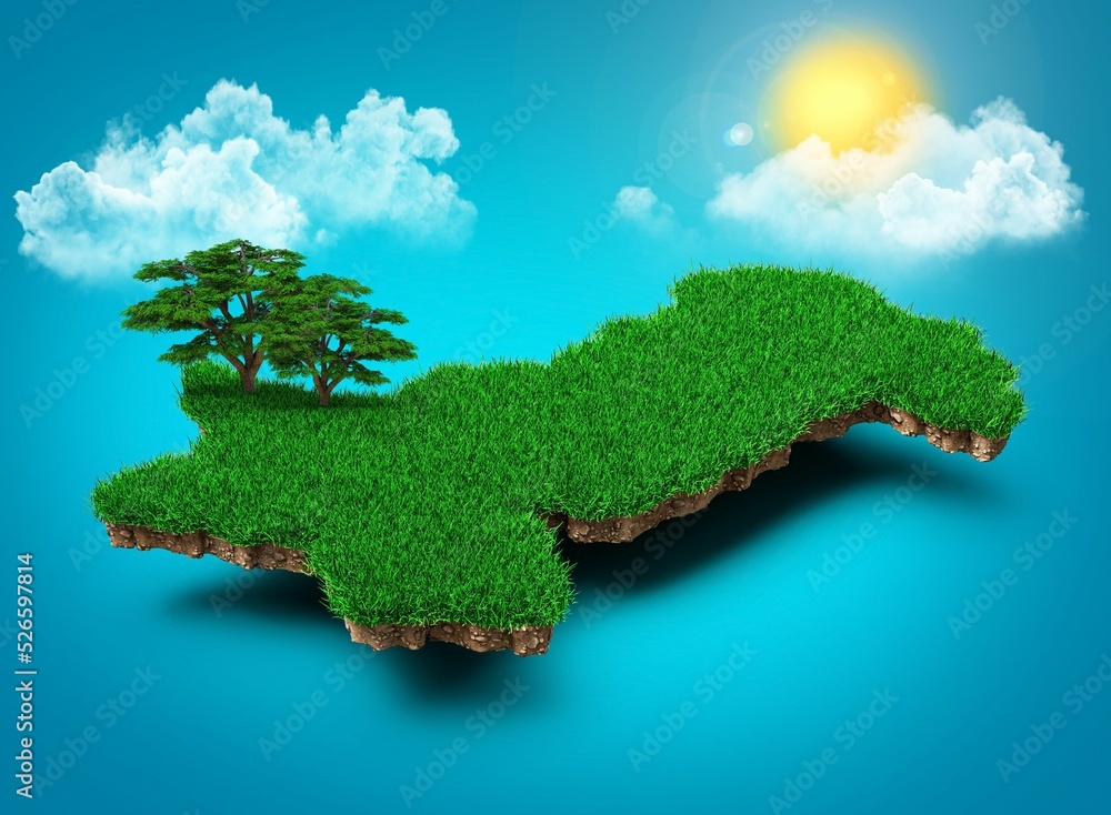 Pakistan map with green grass and clouds, tree, and sun rays on a blue ...