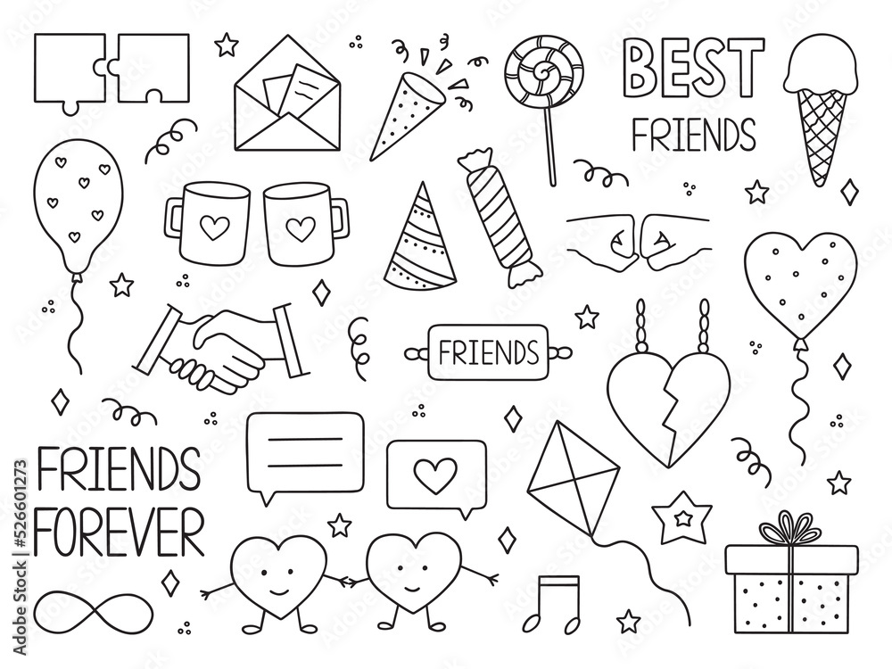 Hand drawn set of friendship doodle. Friendship day and party ...