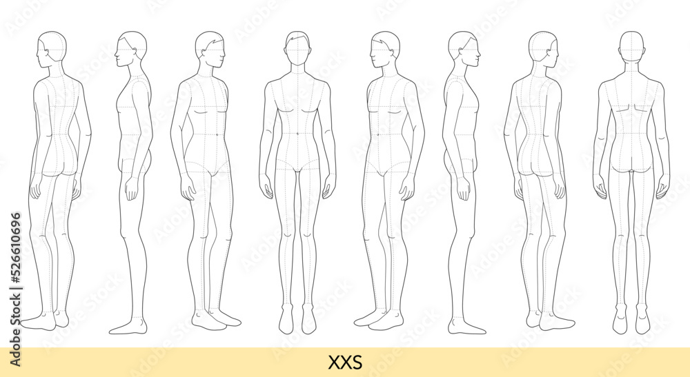 Set of XXS size Men Fashion template 9 nine head extra small Croquis Gentlemen with main lines ...
