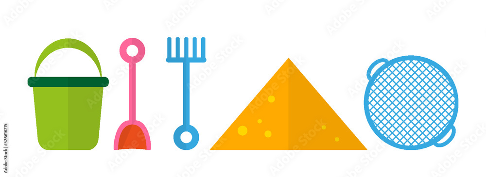 Bucket shovel rake pyramid sand strainer flat set. Toy play sand ...