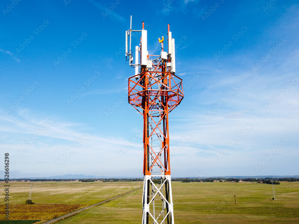Aerial drone view of GSM and radio telecommunication tower. Cell phone ...