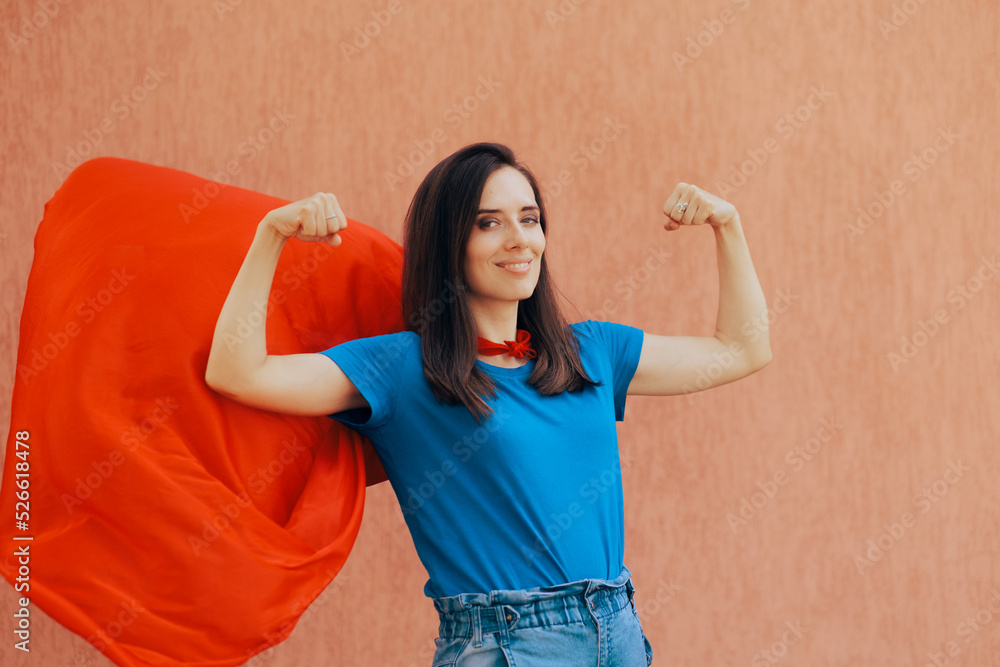 Strong Confident Superhero Woman Flexing her Muscles. Super heroine ...
