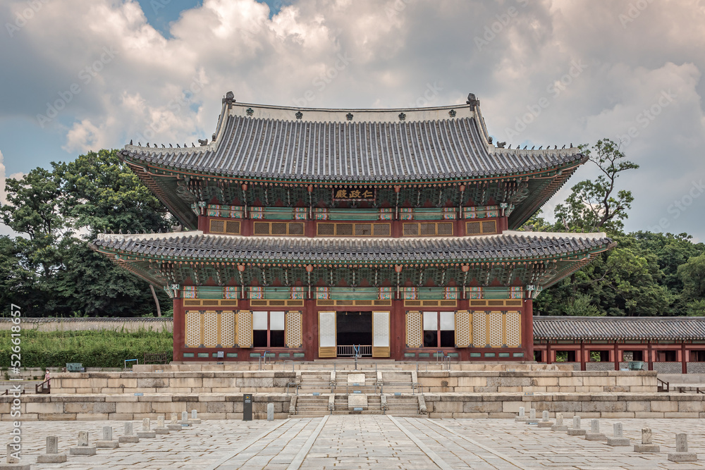 Colorful traditional wood Korean architecture temple building main ...