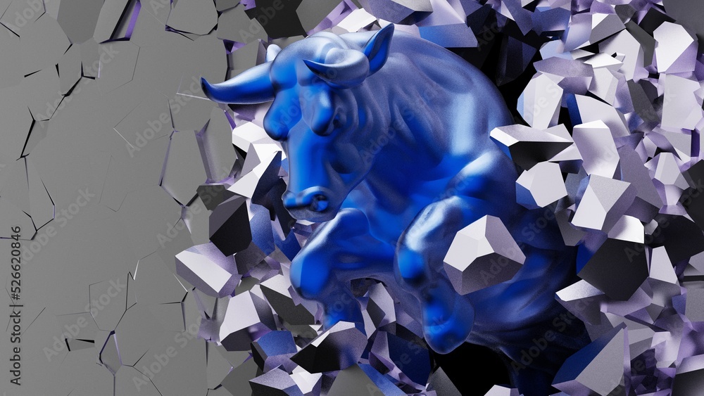 One charging blue bull destroys the black-purple wall with particles in ...