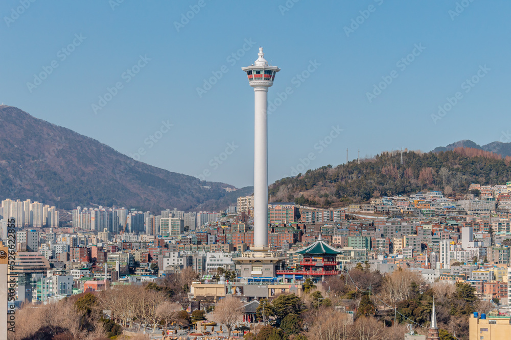 City view of Busan Tower building, mountains, and downtown skyline of ...