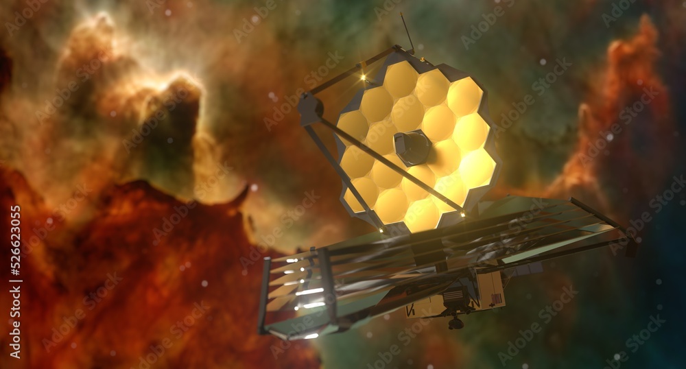 James Webb Telescope in outer space on orbit of Earth planet. Sci-fi ...