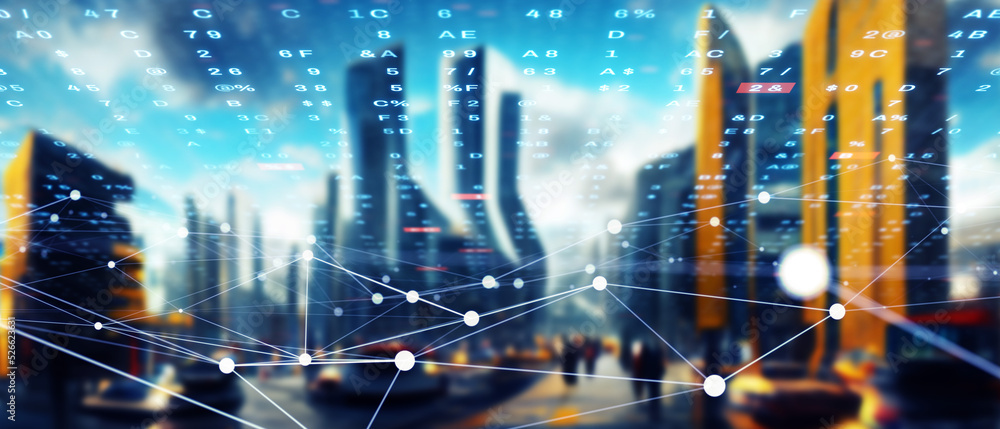 Future city and data communication. Wide image for banners ...
