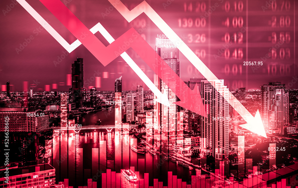 Stock market crash, declined economic, graph falling down and digital ...