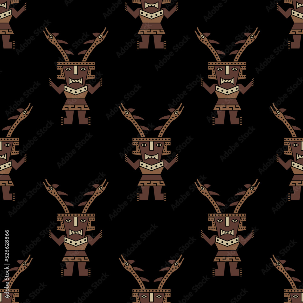 Vecteur Stock Seamless ethnic pattern with fantastic characters. Horned ...