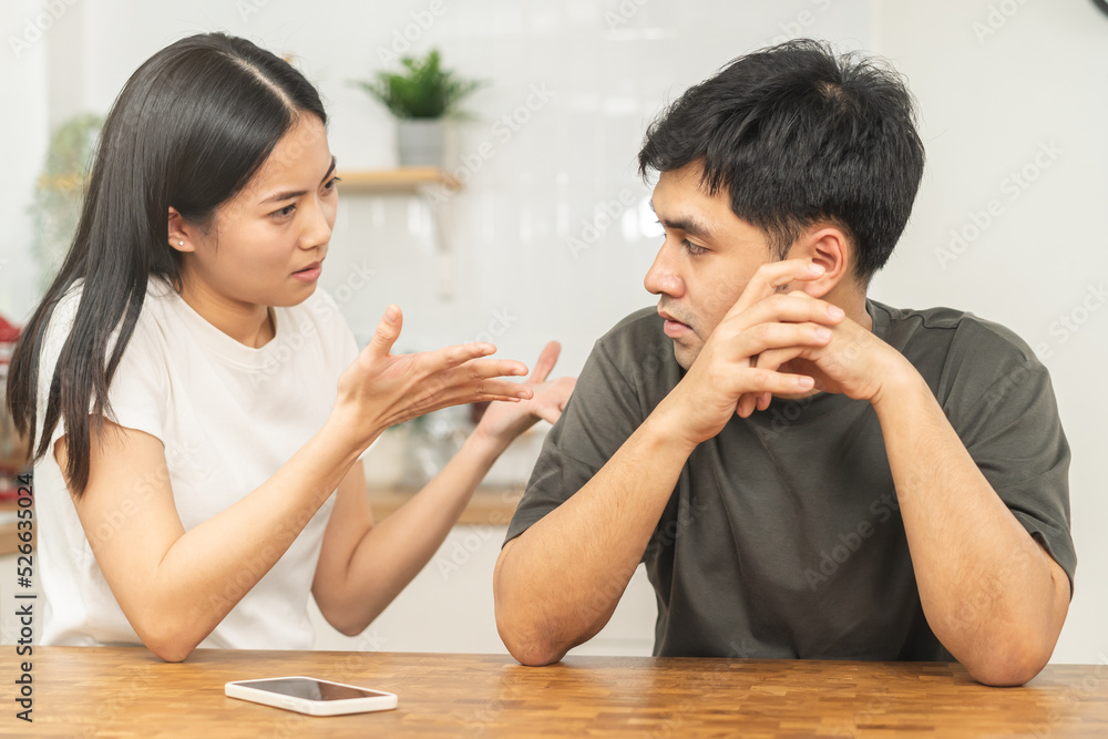 Breakup and depressed, asian young quarrel couple love fight ...