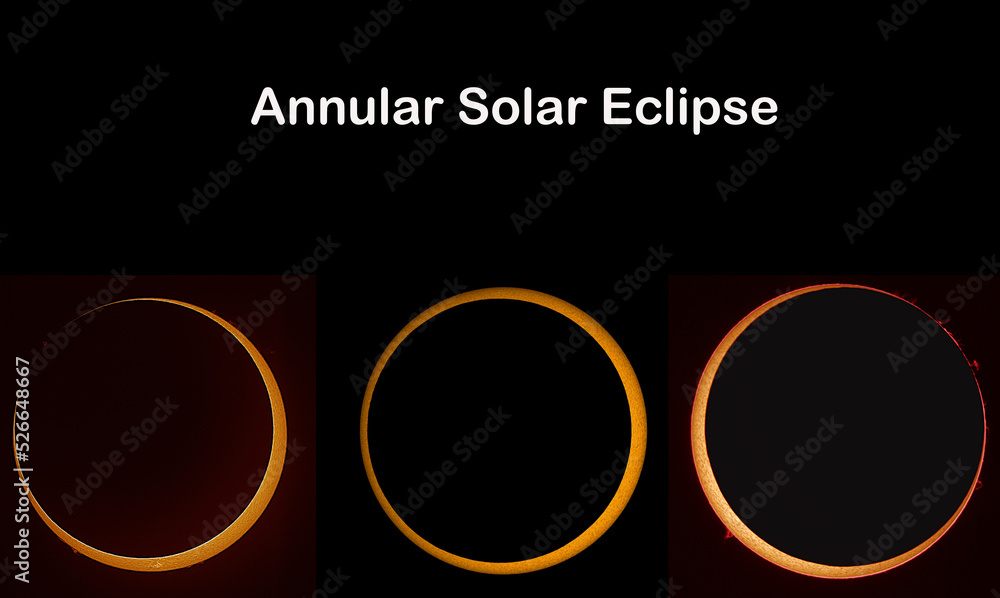 Annular solar eclipse phases isolated on black background. Elements of ...