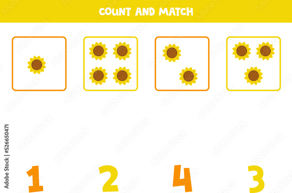 Counting game for kids. Count all sun flowers and match with numbers ...