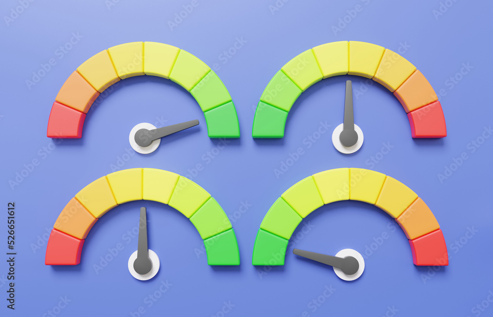 3D set display speedometer icon red and green color with arrow scale ...