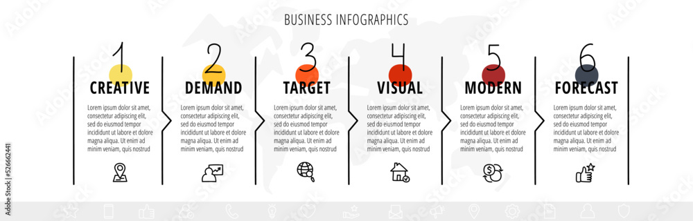 Six creative overlapping arrows place in a horizontal row. Line vector ...