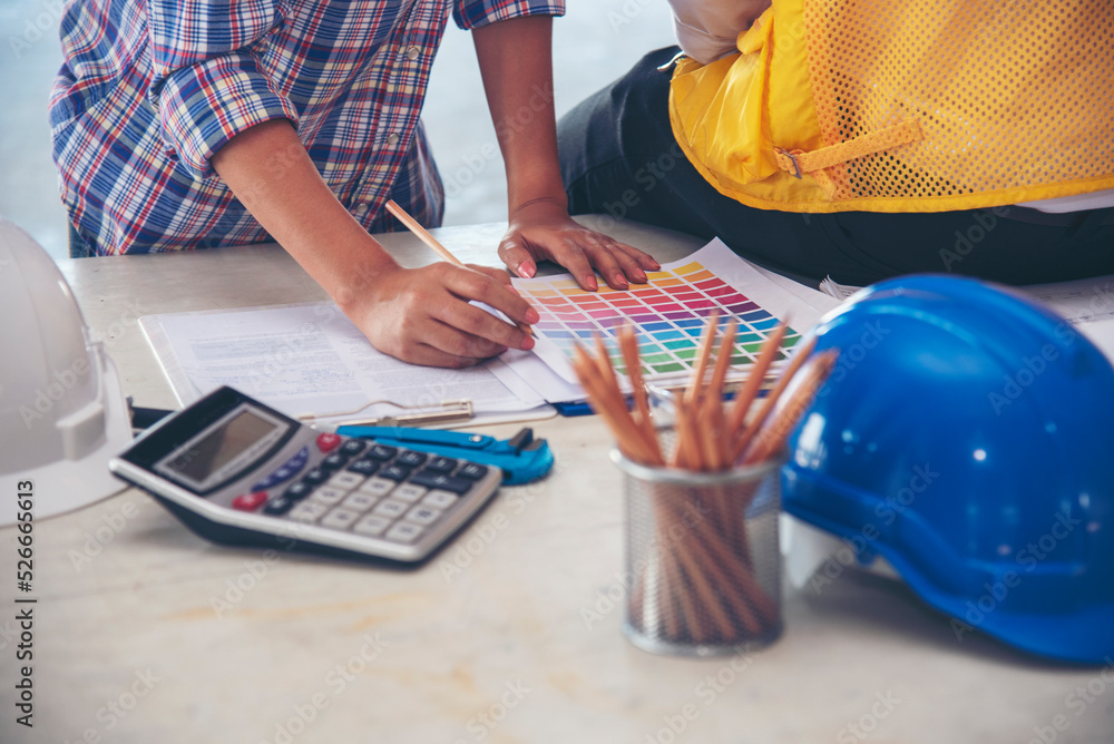 Civil Construction engineer teams shaking hands together wear work ...